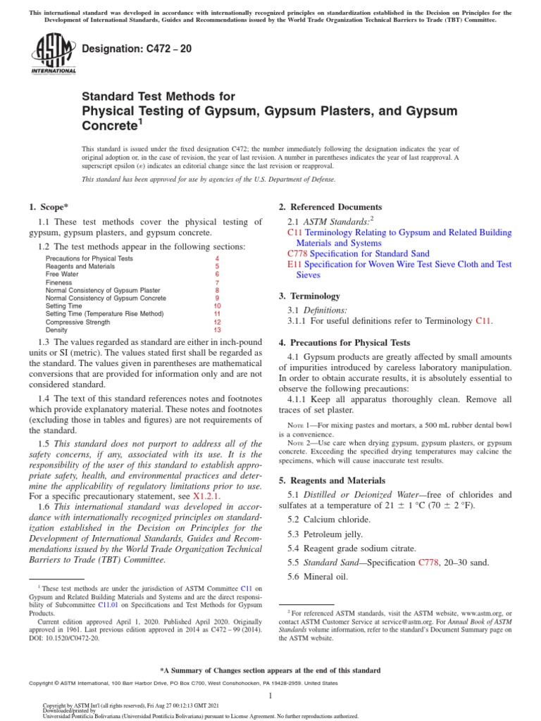 Standard Test Methods For Physical Testing of Gypsum, Gypsum Plasters ...