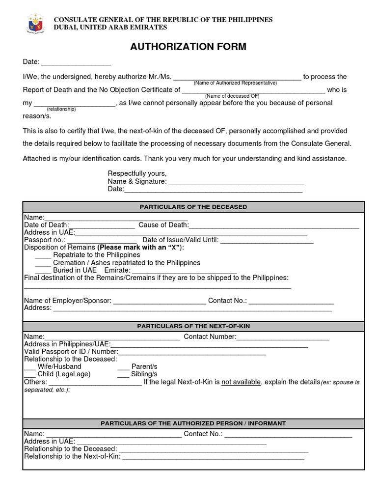 Report of Death - Authorization Form | PDF | Cremation | United Arab ...