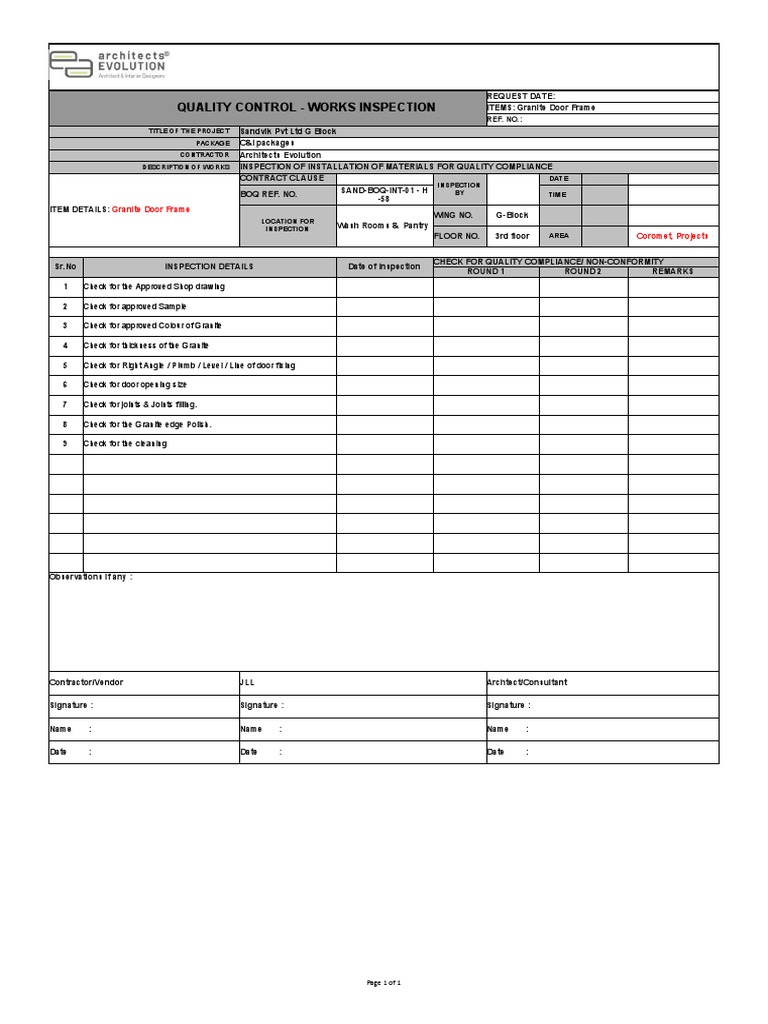 Quality Control - Works Inspection: Granite Door Frame | PDF