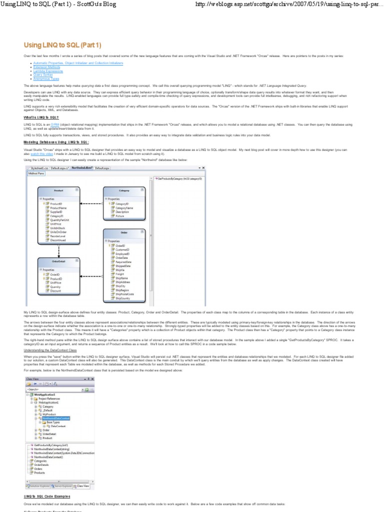 Using LINQ To SQL (Part 1) - ScottGu's Blog | PDF | Language Integrated Query | Databases