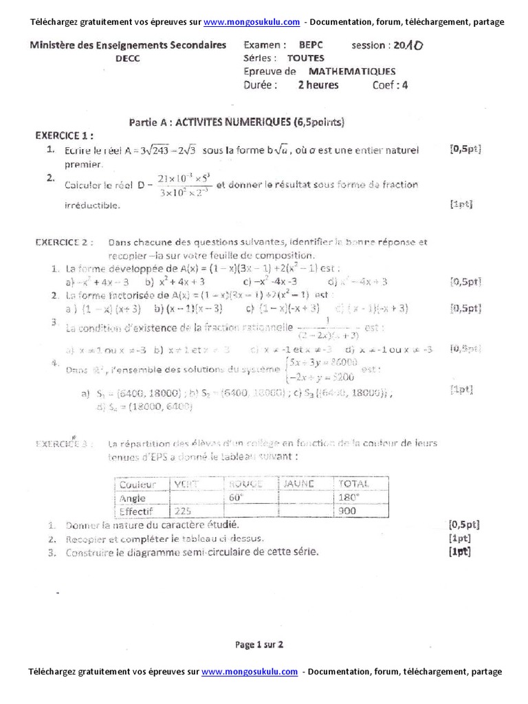 BEPC Maths 2010 MINESEC-DECC | PDF