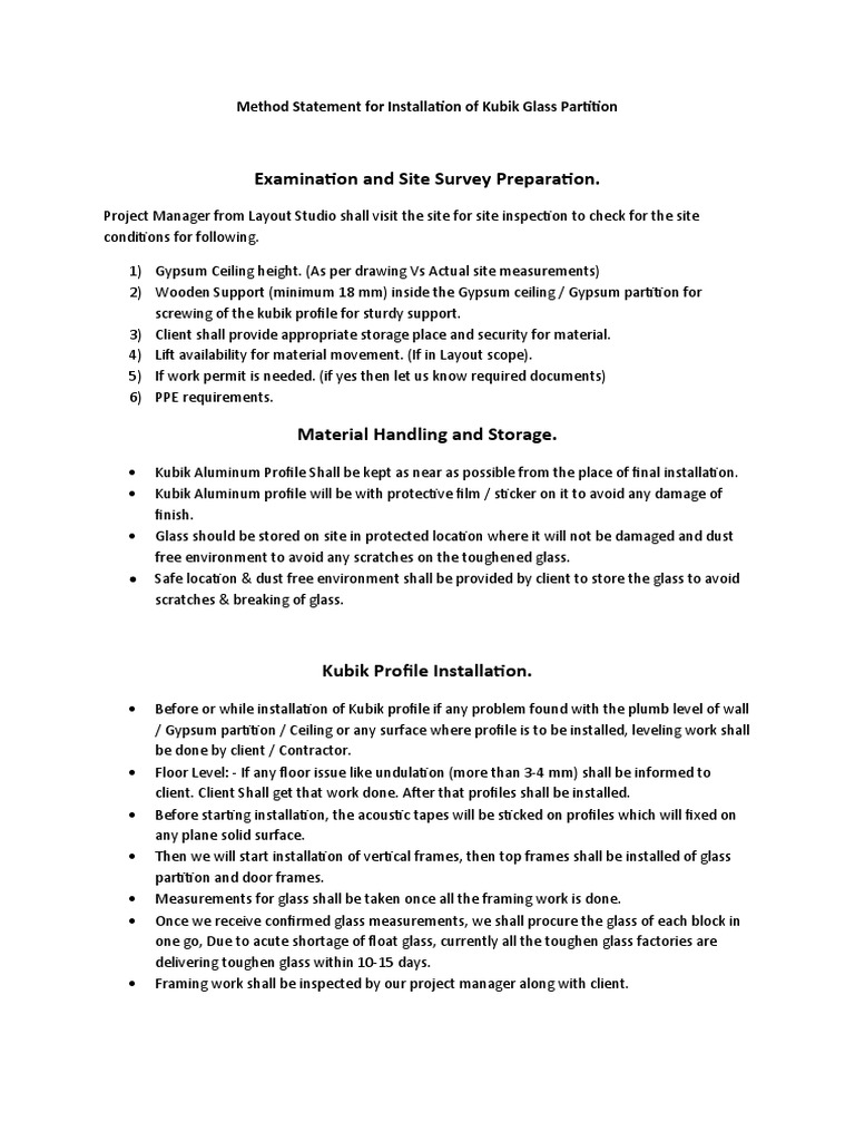 R4 Method Statement For Installation of Kubik Glass Partition | PDF ...