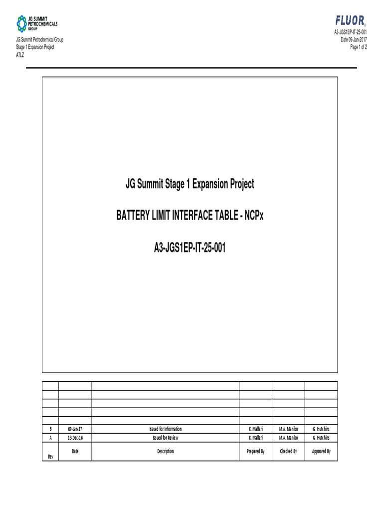 JG Summit Stage 1 Expansion Project Battery Limit Interface Table ...