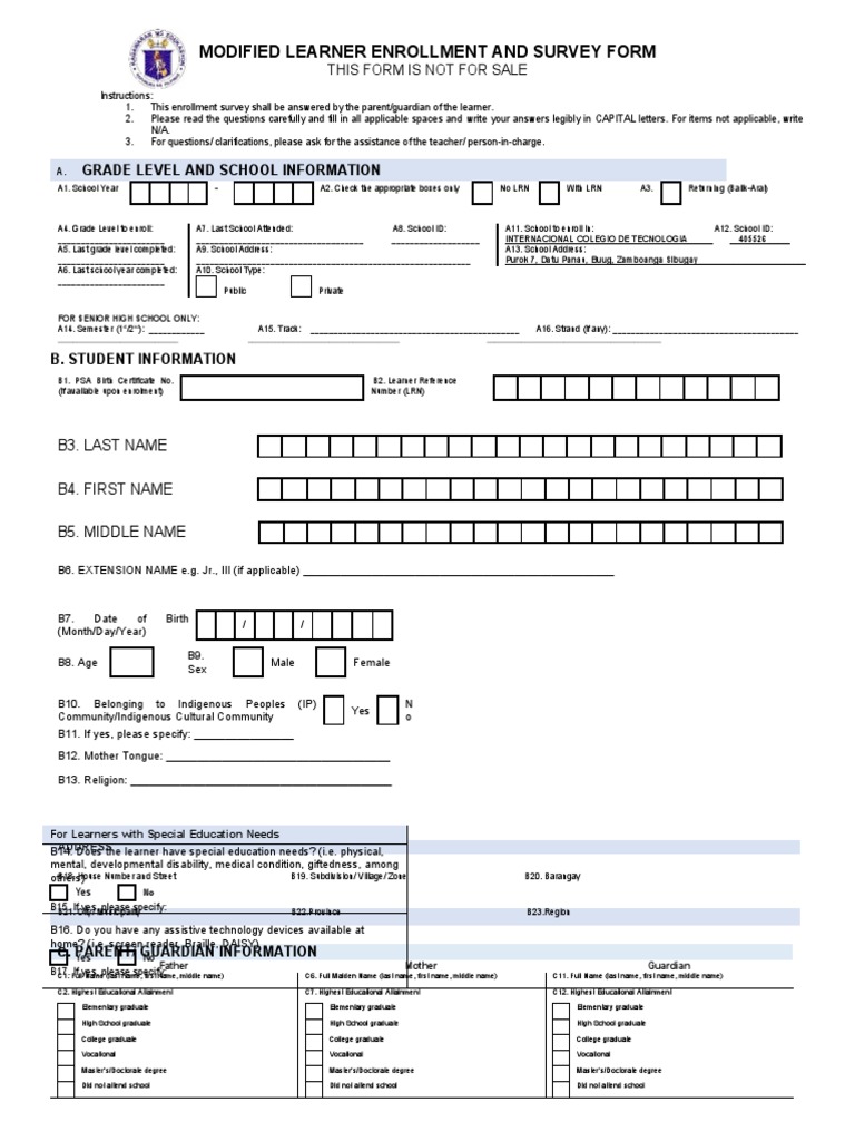 Modified Learner Enrollment and Survey Form: Grade Level and School ...