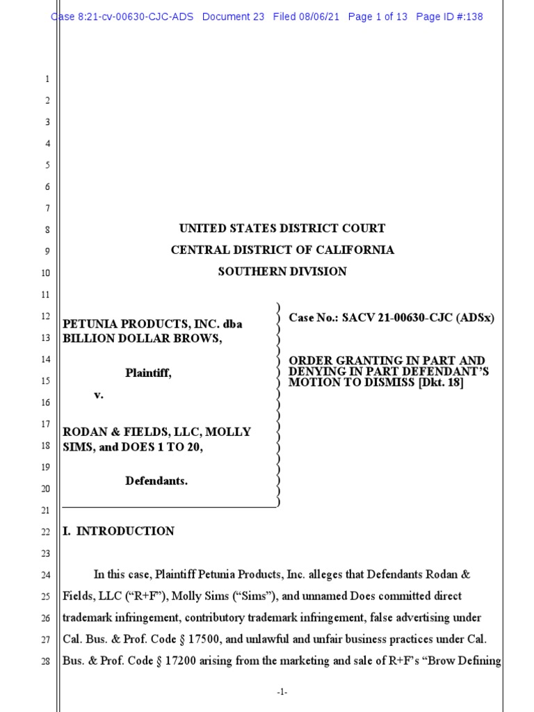 Petunia Products, Inc. v. RODAN & FIELDS, LLC, MOLLY SIMS, and DOES 1 ...