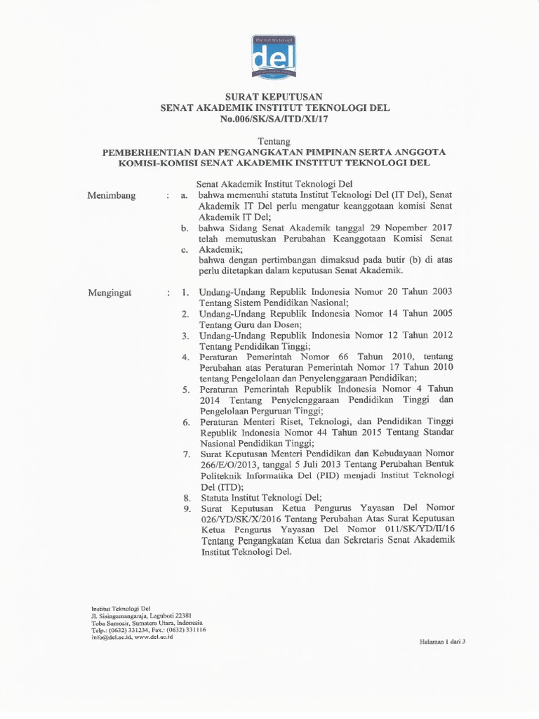 SK Senat Akademik No. 006 Tentang Pemberhentian Dan Pengangkatan Pimpinan Serta Anggota Anggota ...