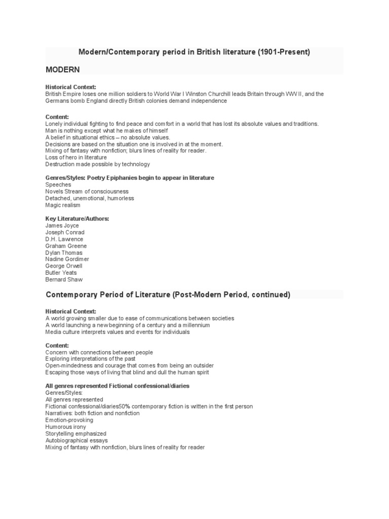 Modern/Contemporary Period in British Literature (1901-Present) Modern ...