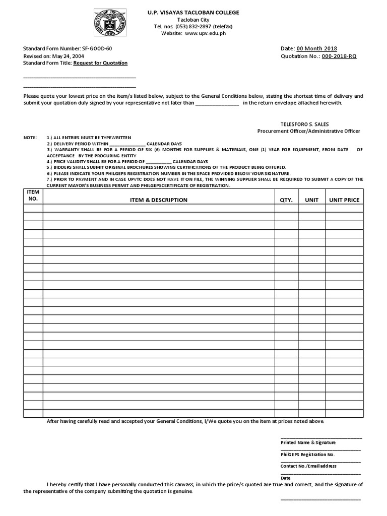 Canvass Form - RFQ NEW 2018 Blank | PDF