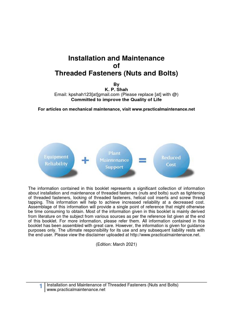 Installation and Maintenance of Threaded Fasteners Nuts and Bolts | PDF ...