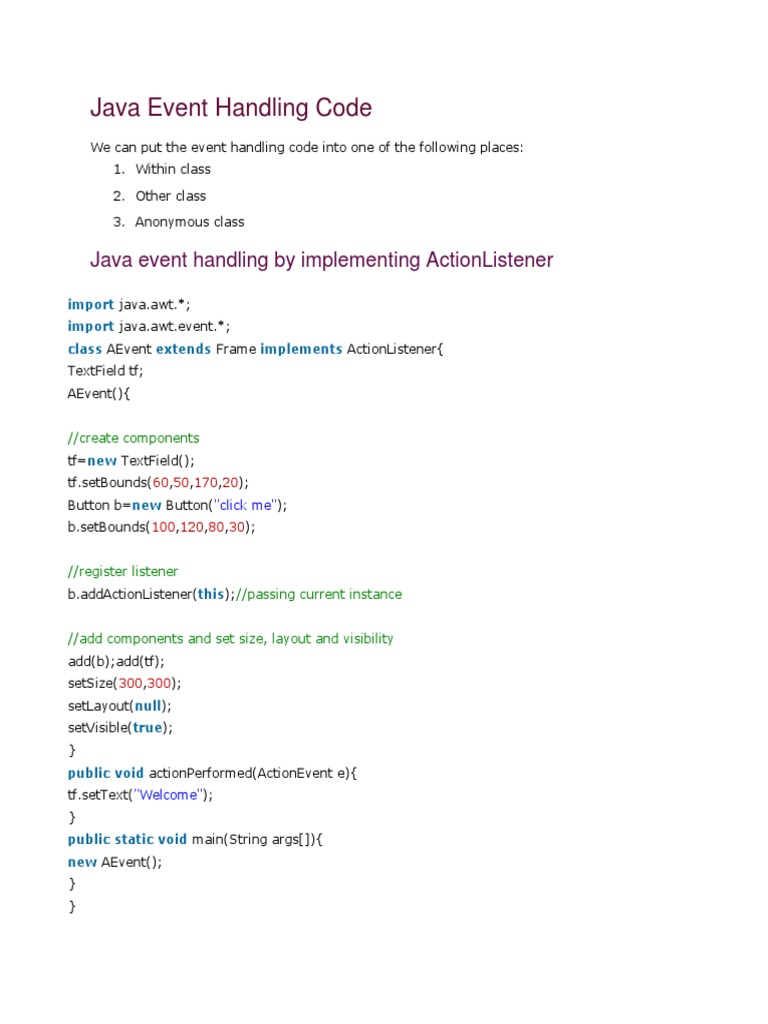 Java Event Handling By Implementing Actionlistener Pdf Class Computer Programming Method