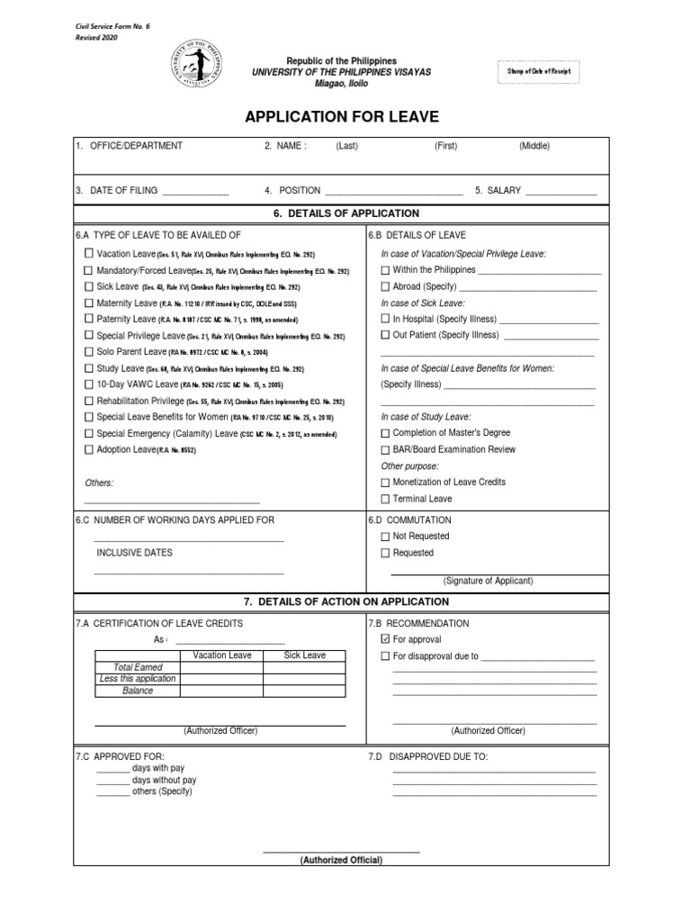 CS Form No. 6, Revised 2020 (Application For Leave) - UPV | PDF ...