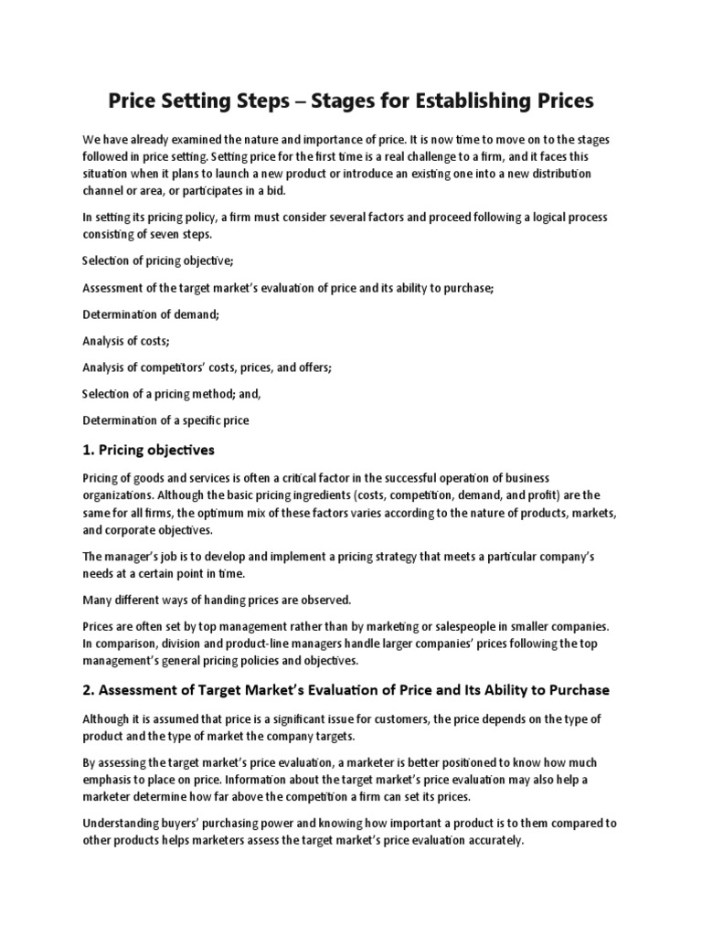 Price Setting Steps - Stages For Establishing Prices: 1. Pricing ...