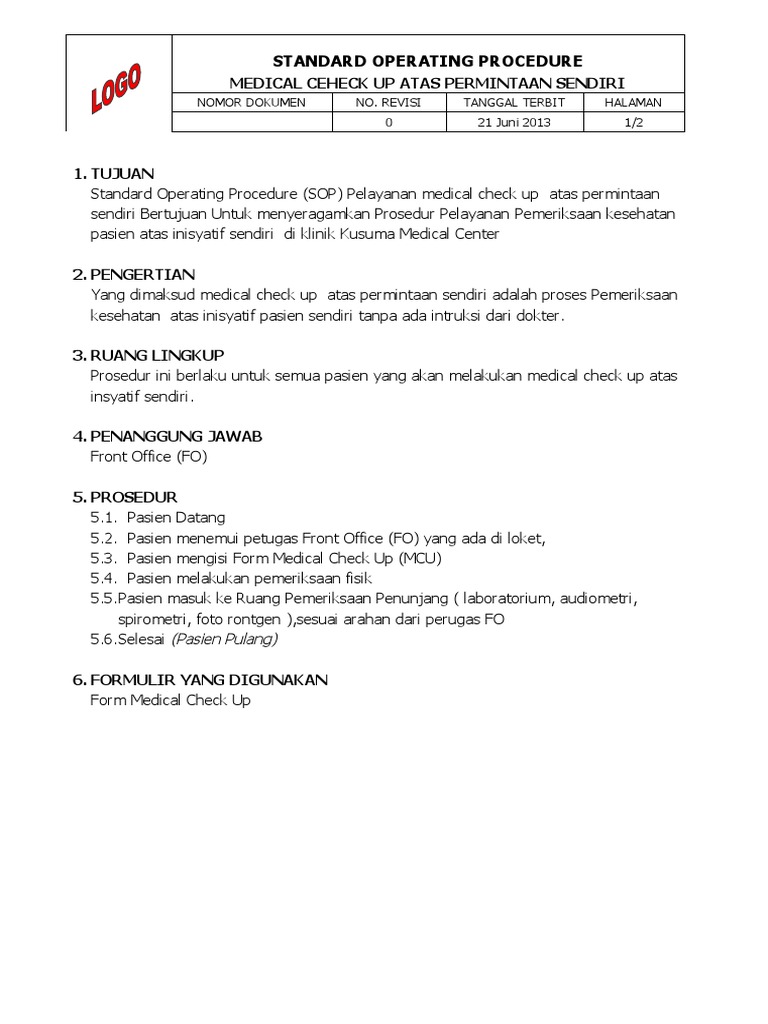 1.sop Medical Check Up Atas Permintaan Sendiri (Aps) | PDF