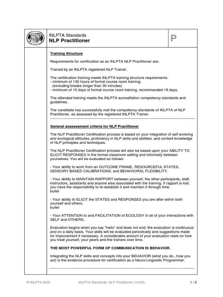 NLP Practitioner: INLPTA Standards | PDF | Neuro Linguistic Programming ...