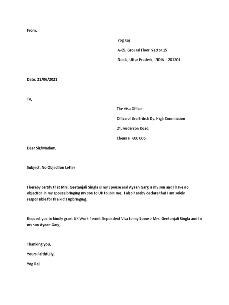 No Objection Letter for Visa Application | PDF