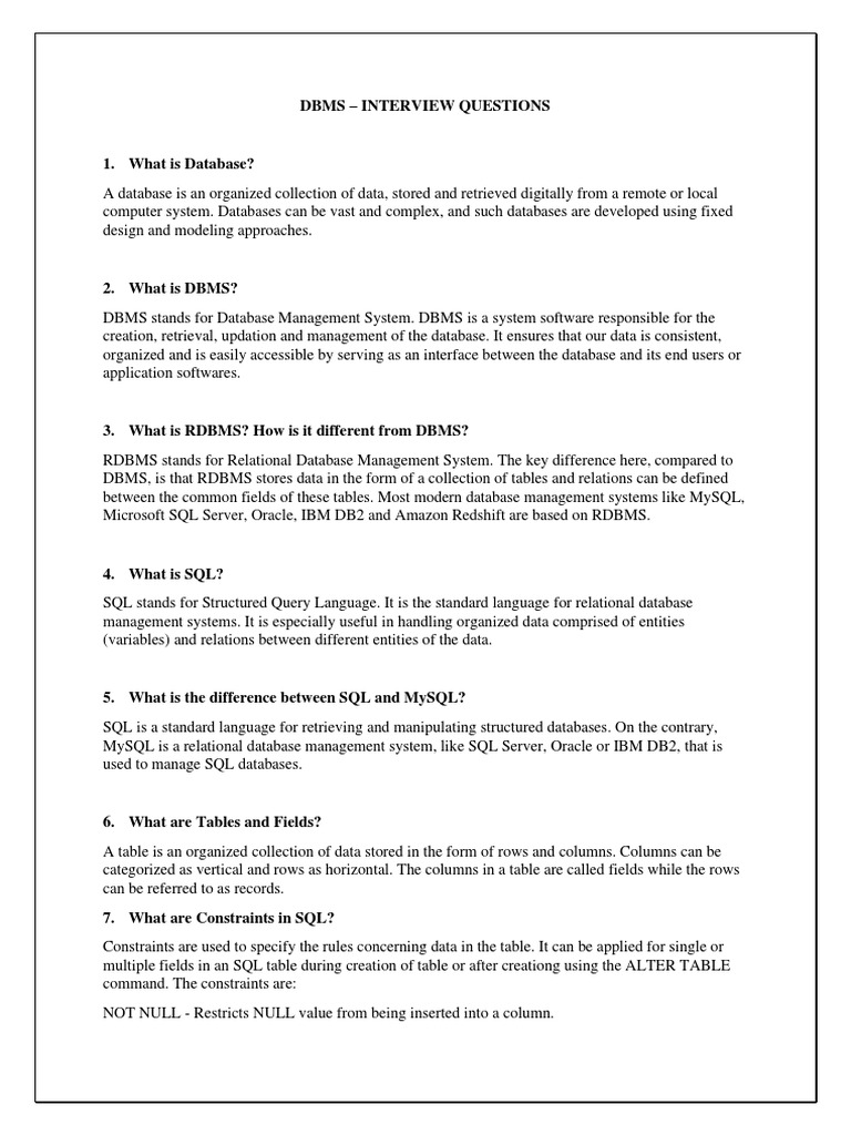 DBMS Interview Questions | PDF | Relational Database | Databases