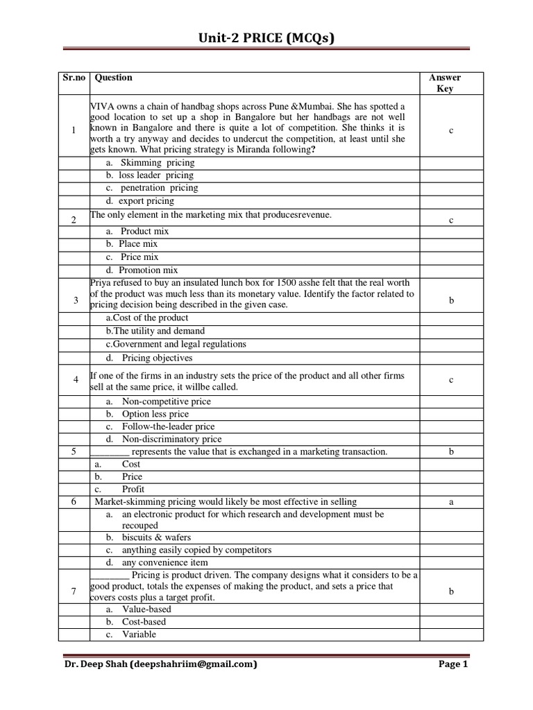 Unit-2 Price (MCQS) : SR - No Question Answer Key | PDF | Pricing | Demand