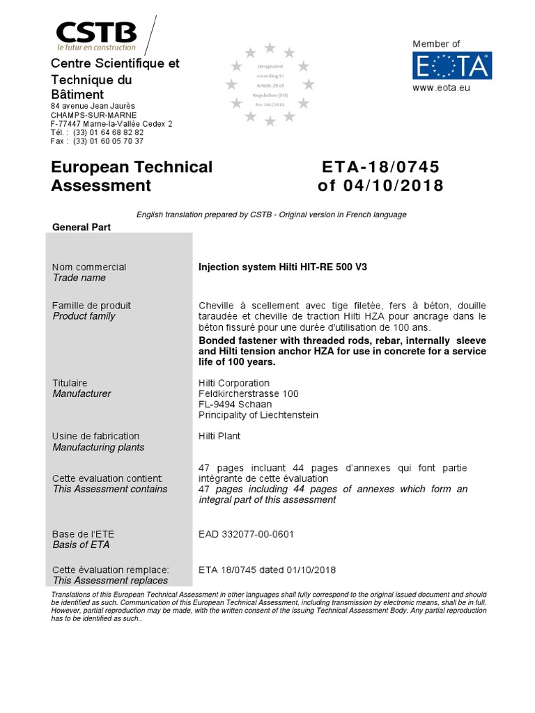 ETA 18-0745 HIT-RE 500 V3 100years Rev1 EN | PDF | Galvanization | Drill