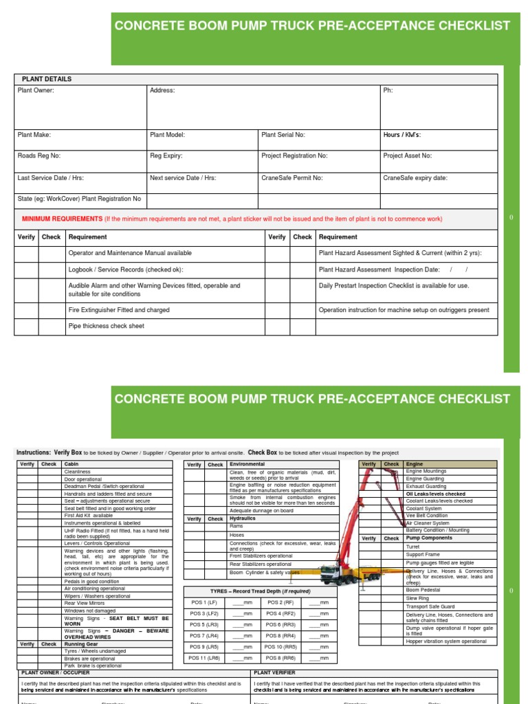 Concrete Boom Pump Truck Pre-Acceptance Checklist: Plant Details | PDF ...