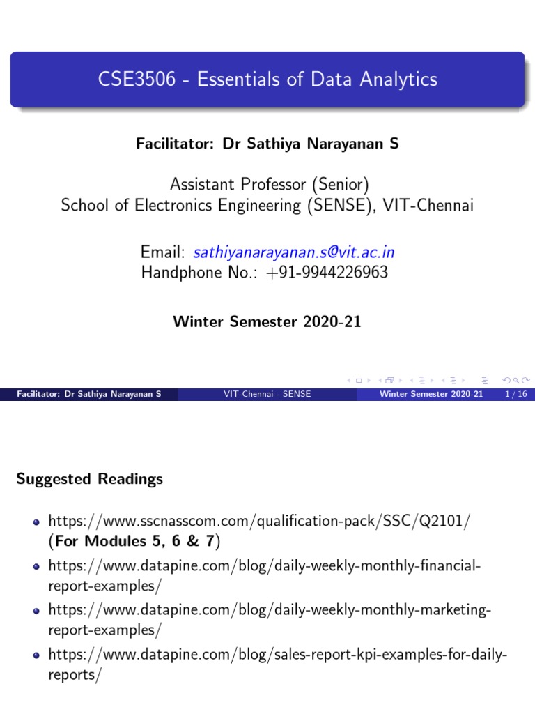 CSE3506 - Essentials of Data Analytics: Facilitator: DR Sathiya Narayanan S | PDF | Marketing | Data