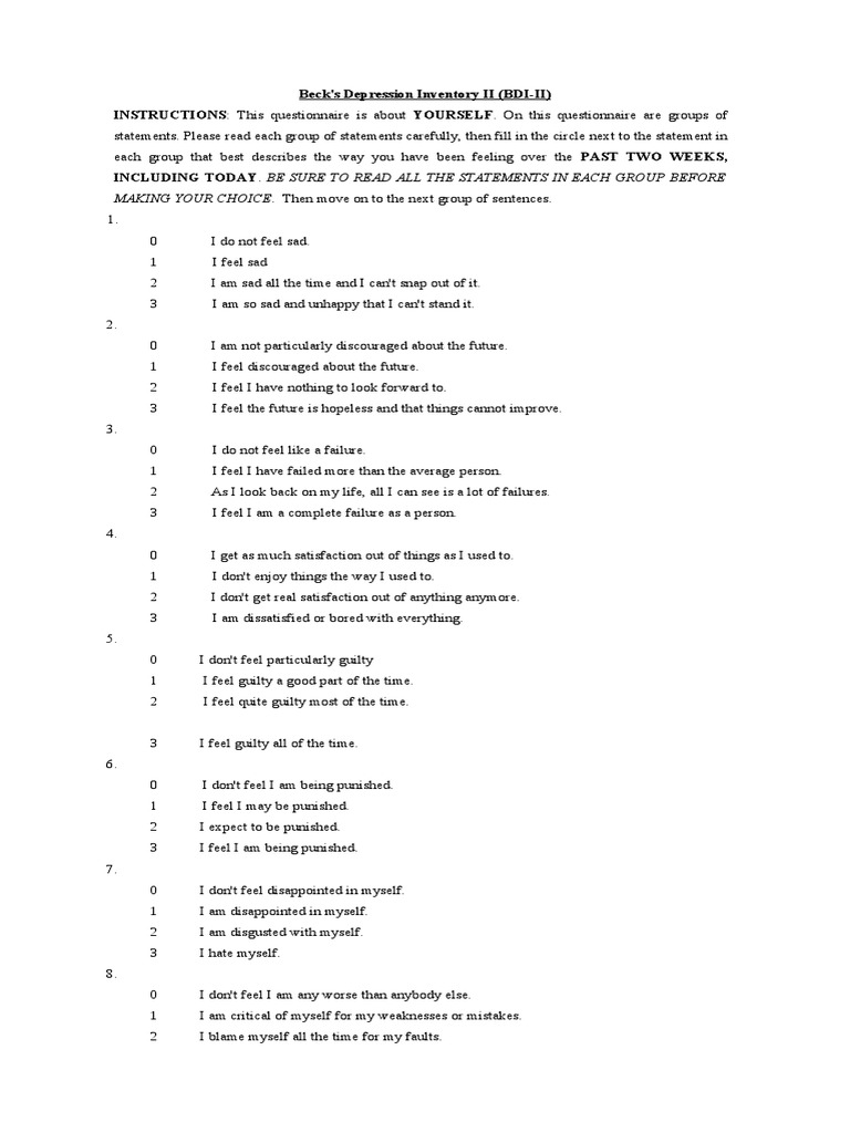 Beck Depression Inventory BDI | PDF | Major Depressive Disorder ...