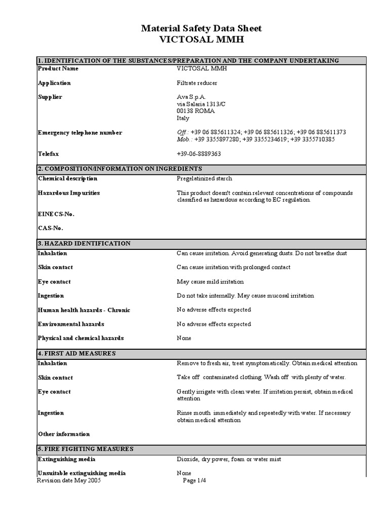 Material Safety Data Sheet Victosal MMH | PDF | Materials | Workplace