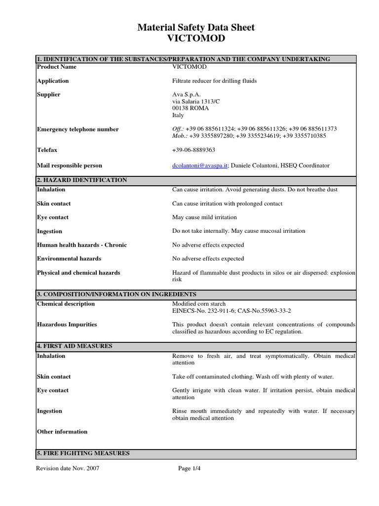 MSDS for VICTOMOD Filtrate Reducer | PDF | Personal Protective ...