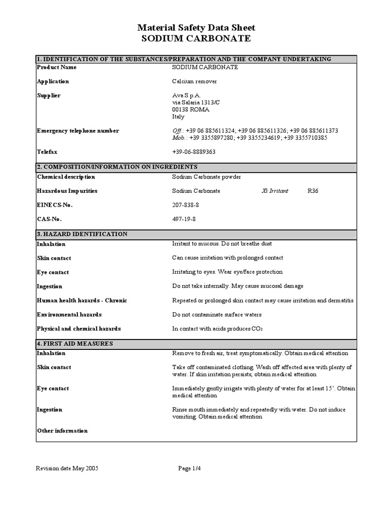 Material Safety Data Sheet Sodium Carbonate | Download Free PDF ...
