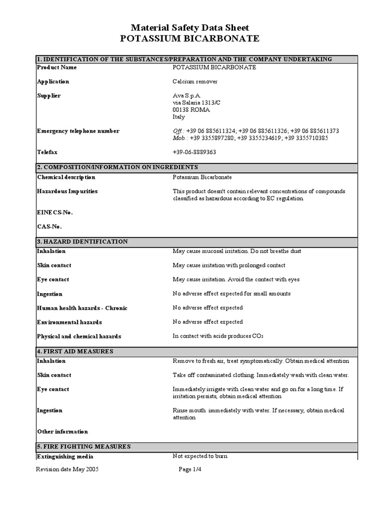 Material Safety Data Sheet Potassium Bicarbonate | PDF | Materials | Safety
