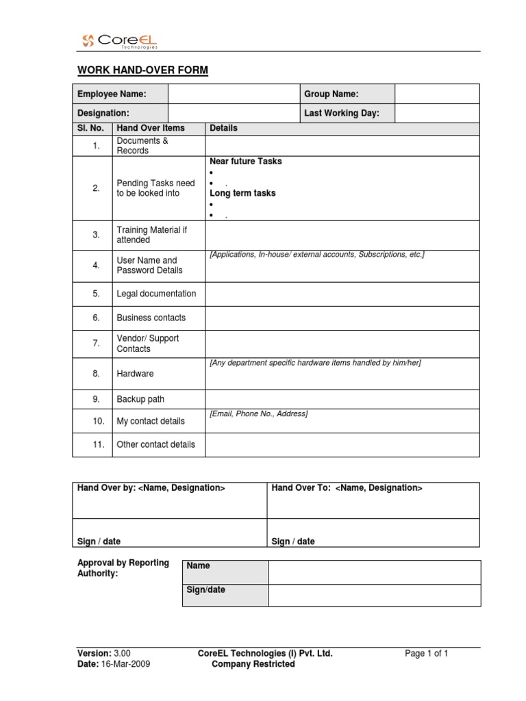 Work Hand-Over Form Template | PDF | Law | Computers