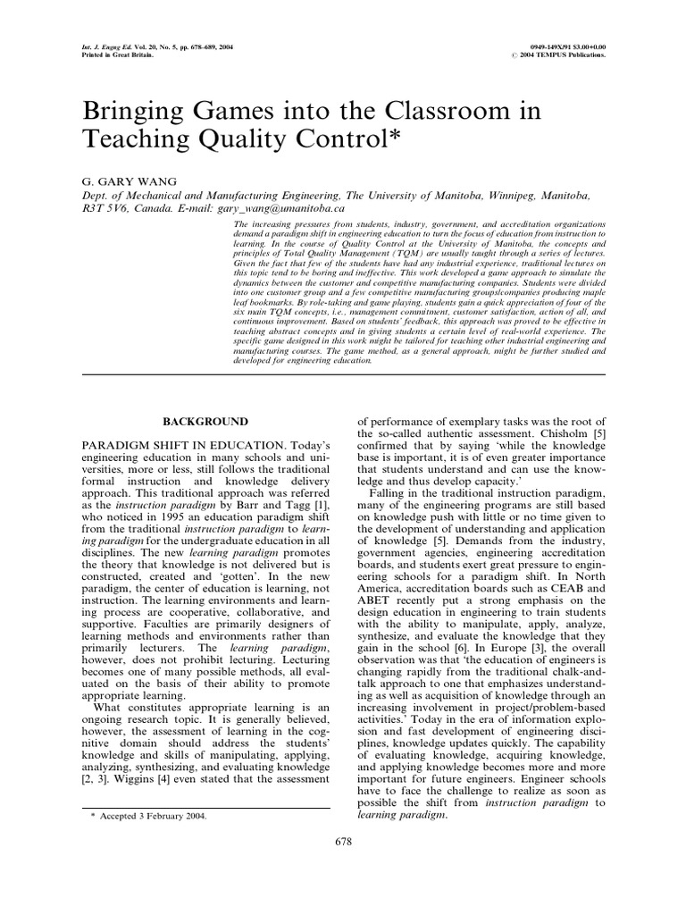 Bringing Games Into The Classroom in Teaching Quality Control | PDF ...
