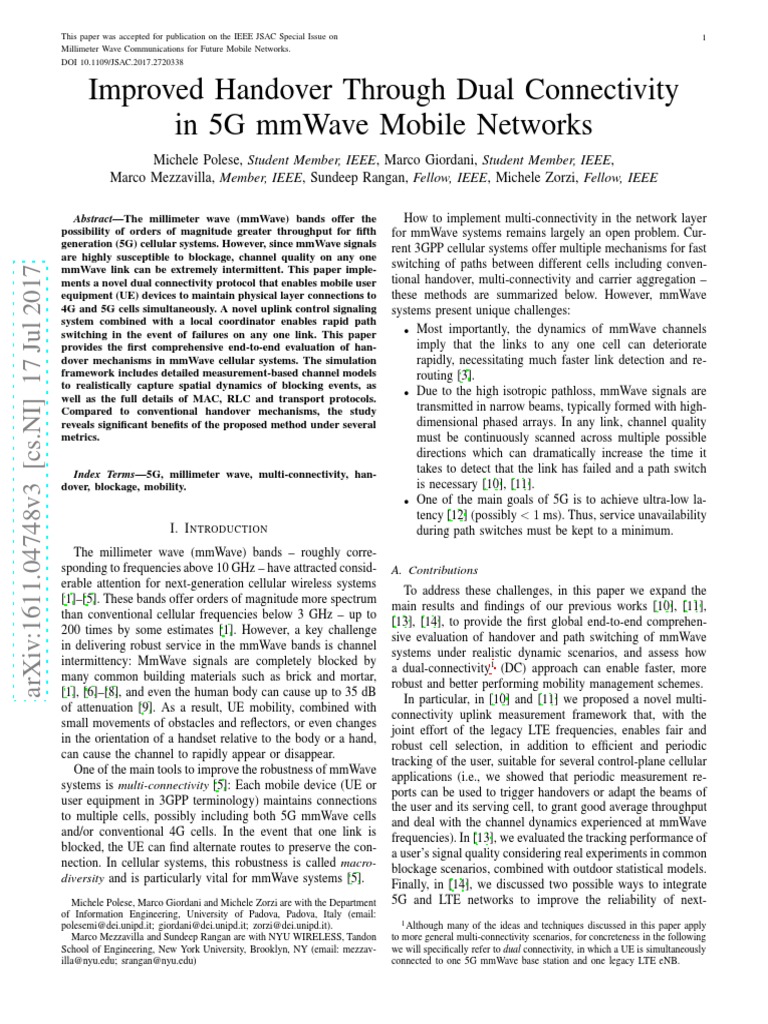 Improved Handover Through Dual Connectivity in 5G Mmwave Mobile Networks | PDF | Cellular ...