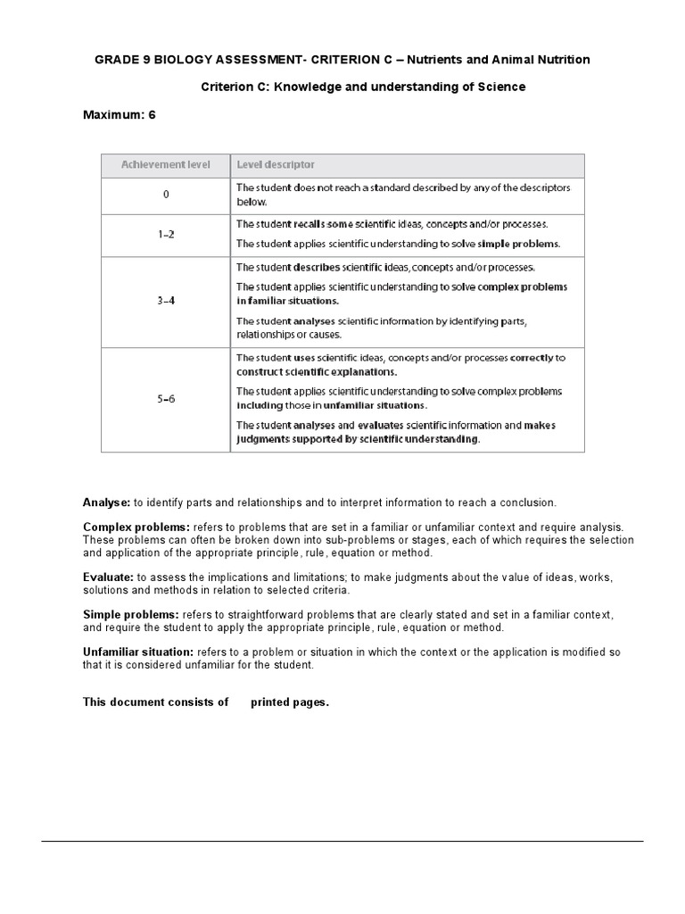Grade 9 Biology Assessment Rubric | PDF