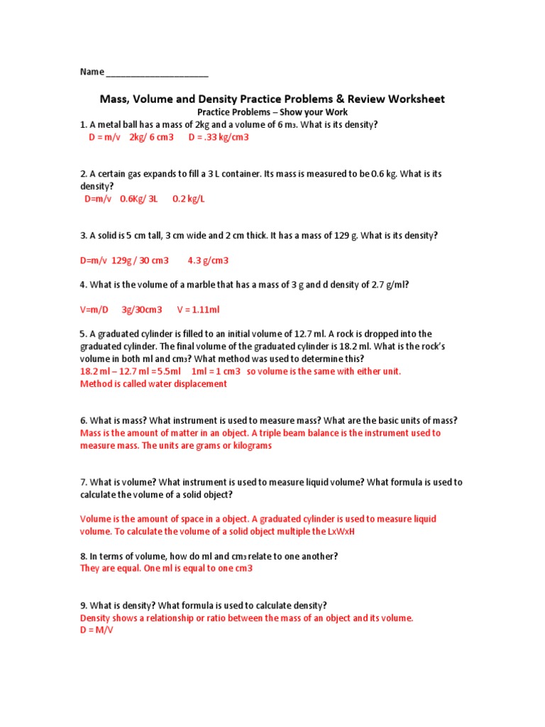 Density Volume And Mass Worksheet Process Mass, Density, Volume