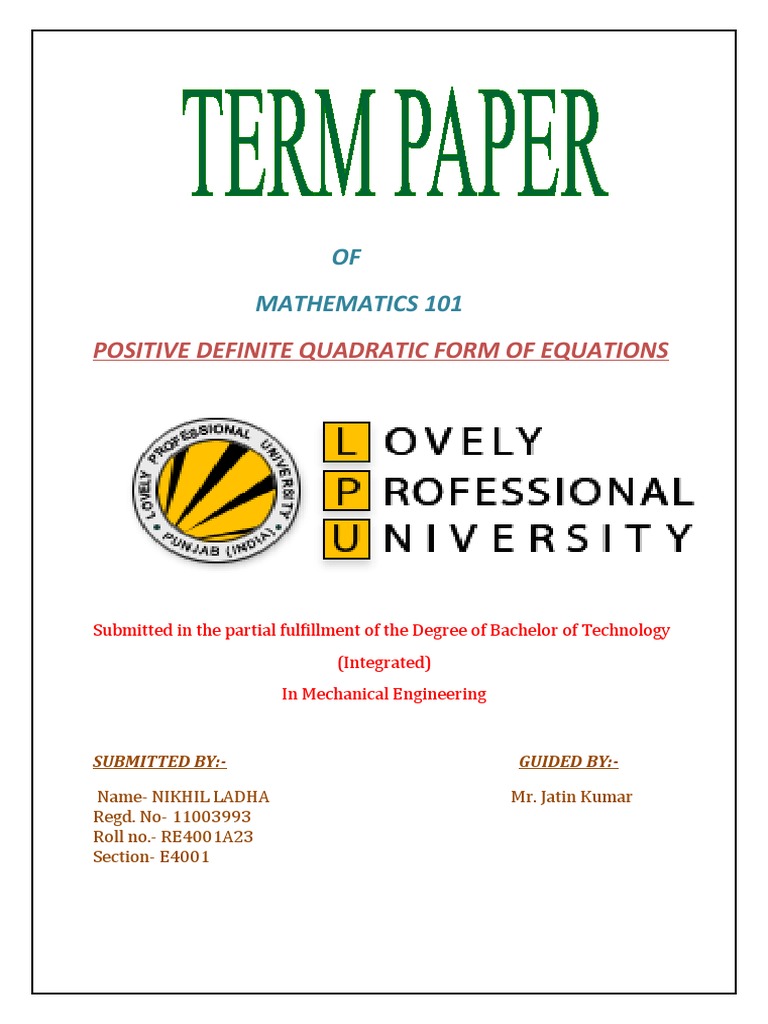 OF Mathematics 101: Positive Definite Quadratic Form of Equations | PDF ...