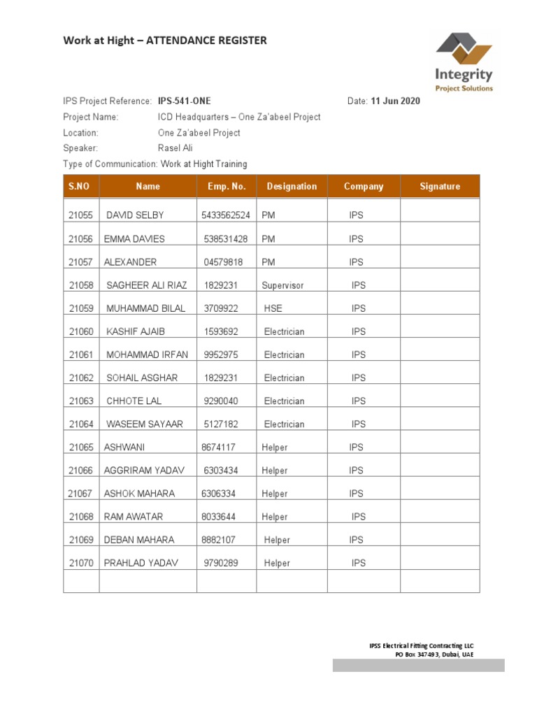 Training Attendance Register | PDF | Power (Physics) | Apprenticeship