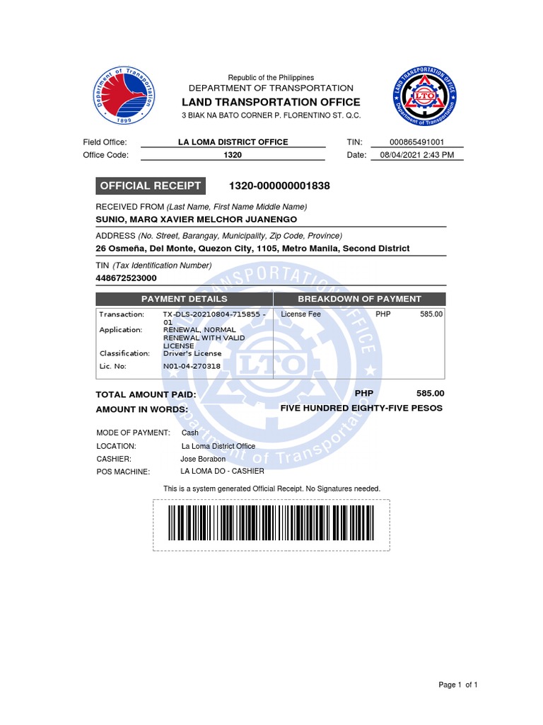 Official Receipt: Land Transportation Office | PDF
