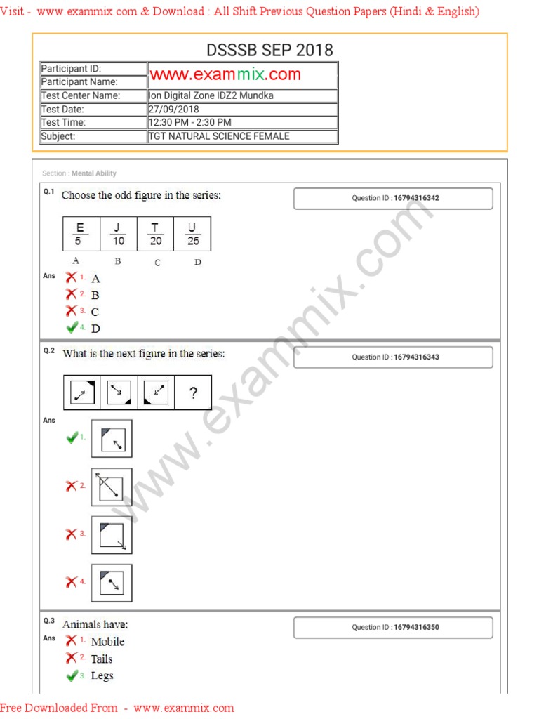 DSSSB TGT Natural Science Female Question Paper 27.9.2018 2nd Shift | PDF