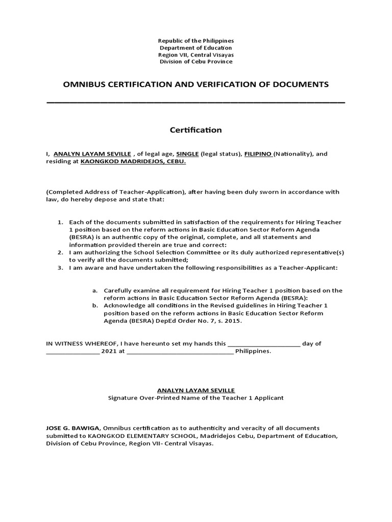 Omnibus Certification and Verification of Documents | PDF