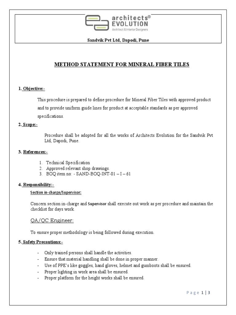 Method Statement For Mineral Fiber Tiles: Sandvik PVT LTD, Dapodi, Pune ...