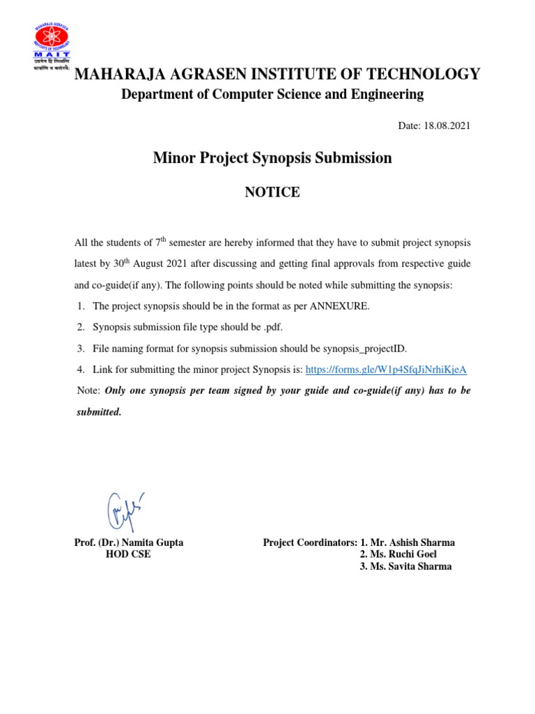 Synopsis Notice Minor Project 2021 | PDF | Computer Science | Computing