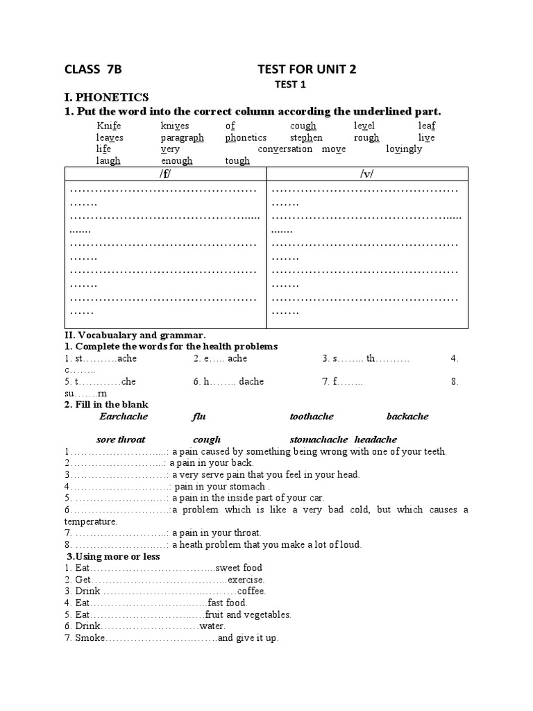 Class 7B Test For Unit 2: I. Phonetics 1. Put The Word Into The Correct ...
