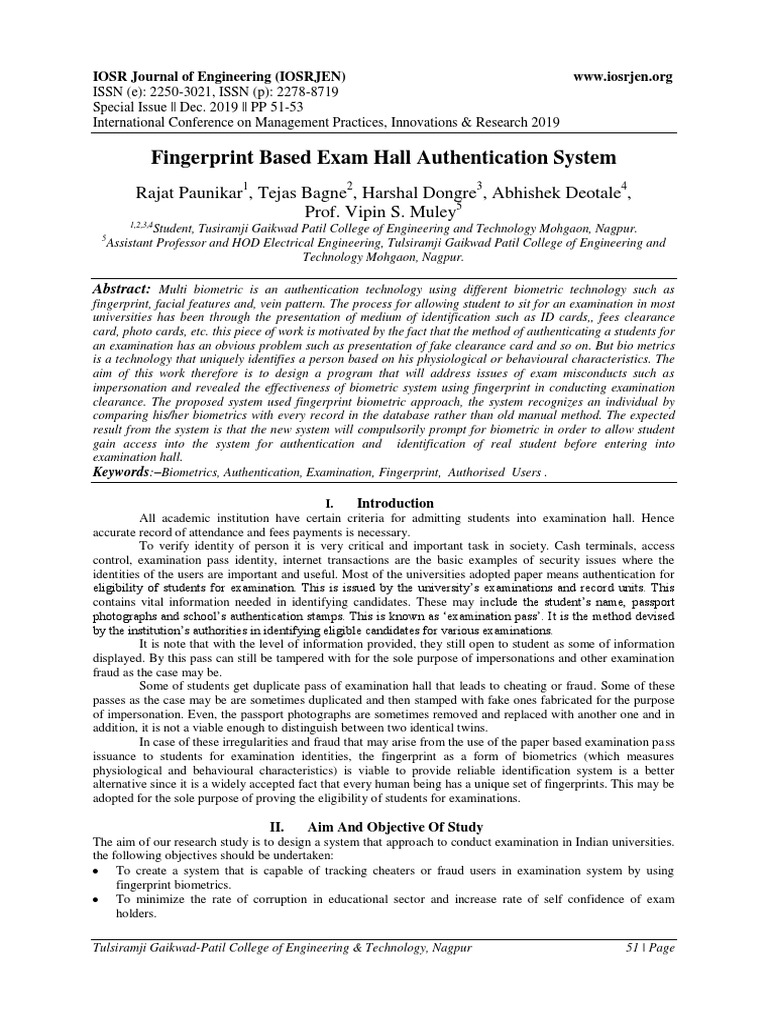 Fingerprint Based Exam Hall Authentication System | PDF | Biometrics | Authentication