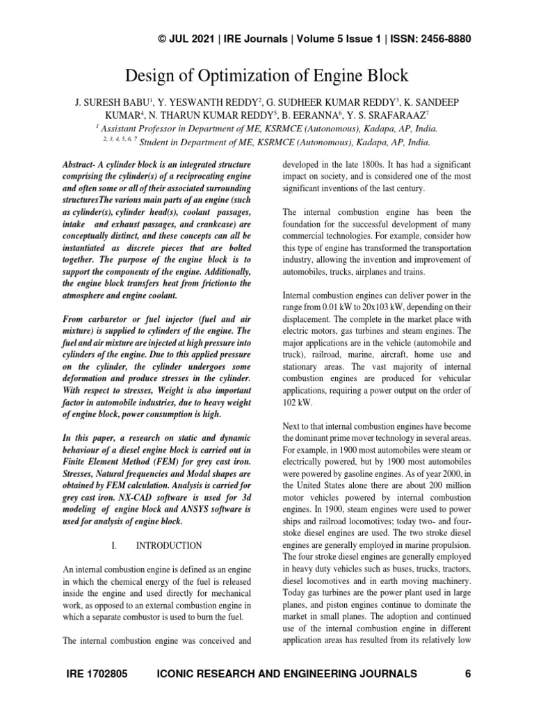 Design of Optimization of Engine Block: © JUL 2021 - IRE Journals ...