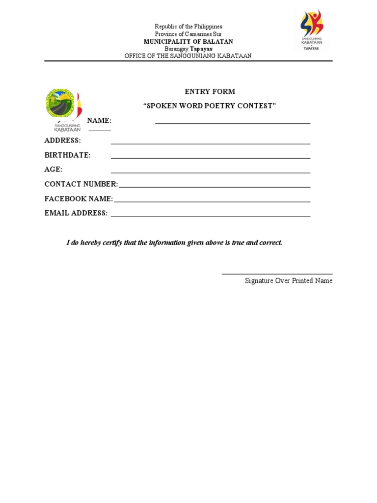 Entry Form "Spoken Word Poetry Contest" Name: Address: Birthdate: Age ...