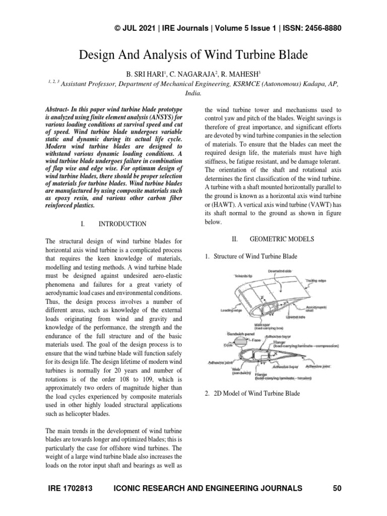 Design and Analysis of Wind Turbine Blade: © JUL 2021 - IRE Journals ...