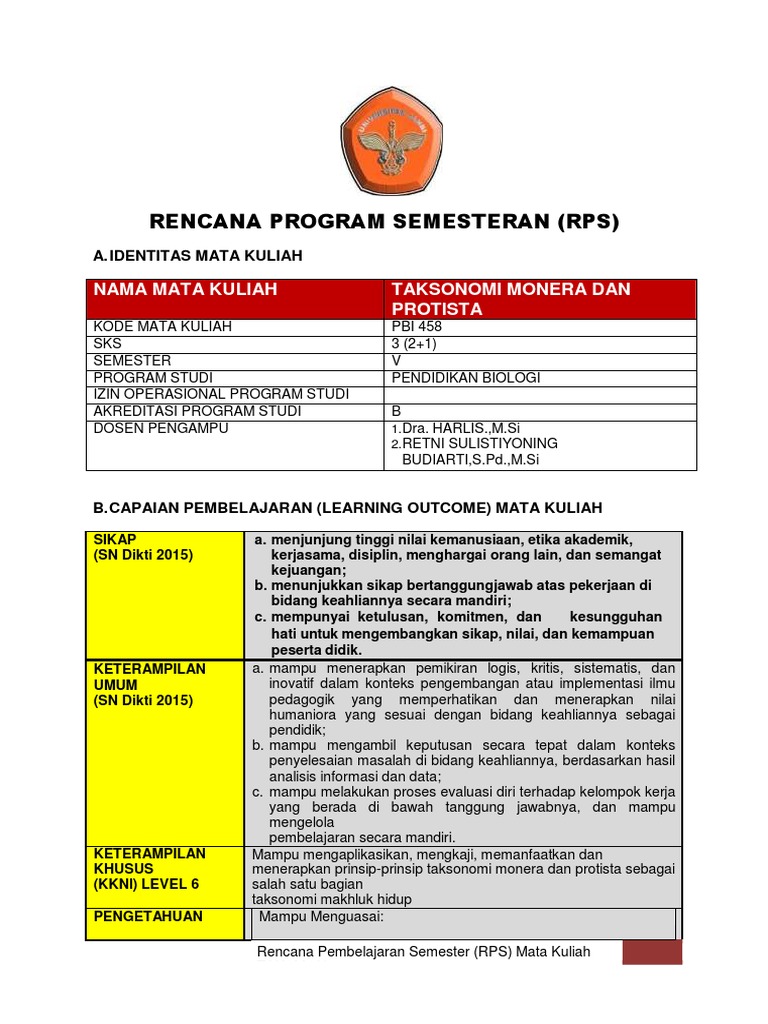 Rencana Program Semesteran (RPS) : Nama Mata Kuliah Taksonomi Monera ...