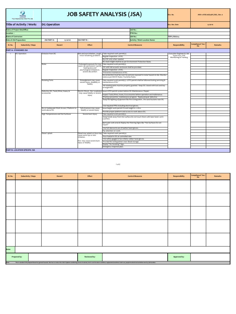 Job Safety Analysis (Jsa) : Title of Activity / Work: DG Operation ...