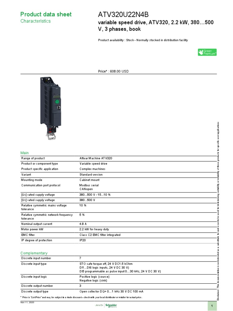 Altivar ATV320 2.2 kW VFD Data Sheet | PDF | Relay | Electric Motor