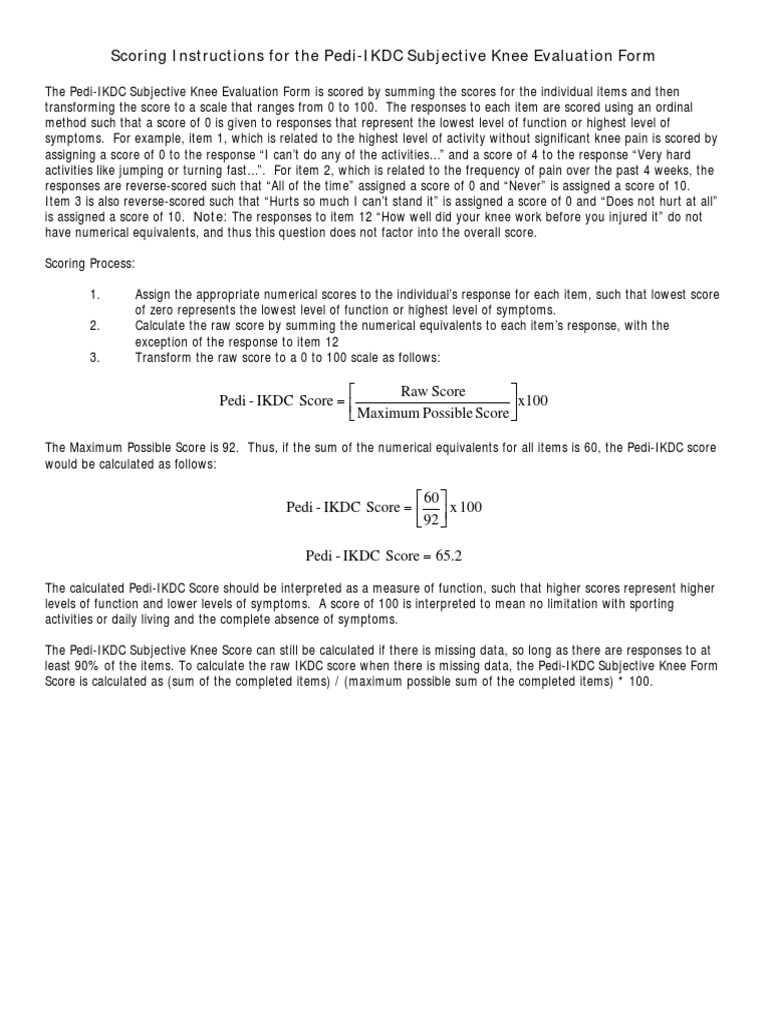 Scoring Pedi-IKDC Knee Evaluation Form | PDF